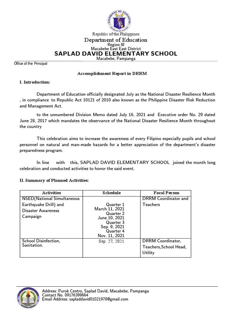 School DRRM Report on Earthquake Drills | PDF | Emergency Management | Safety