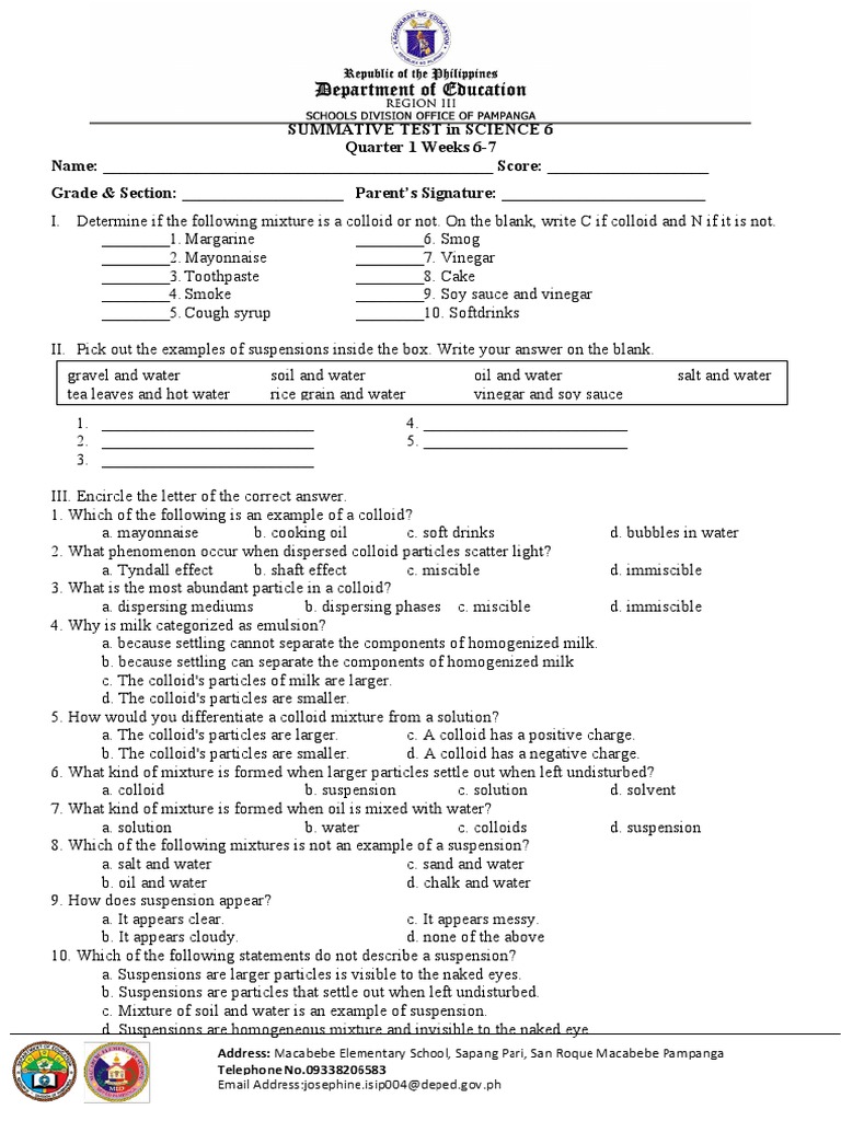 Science Test for Grade 6 Students | PDF | Suspension (Chemistry) | Mixture