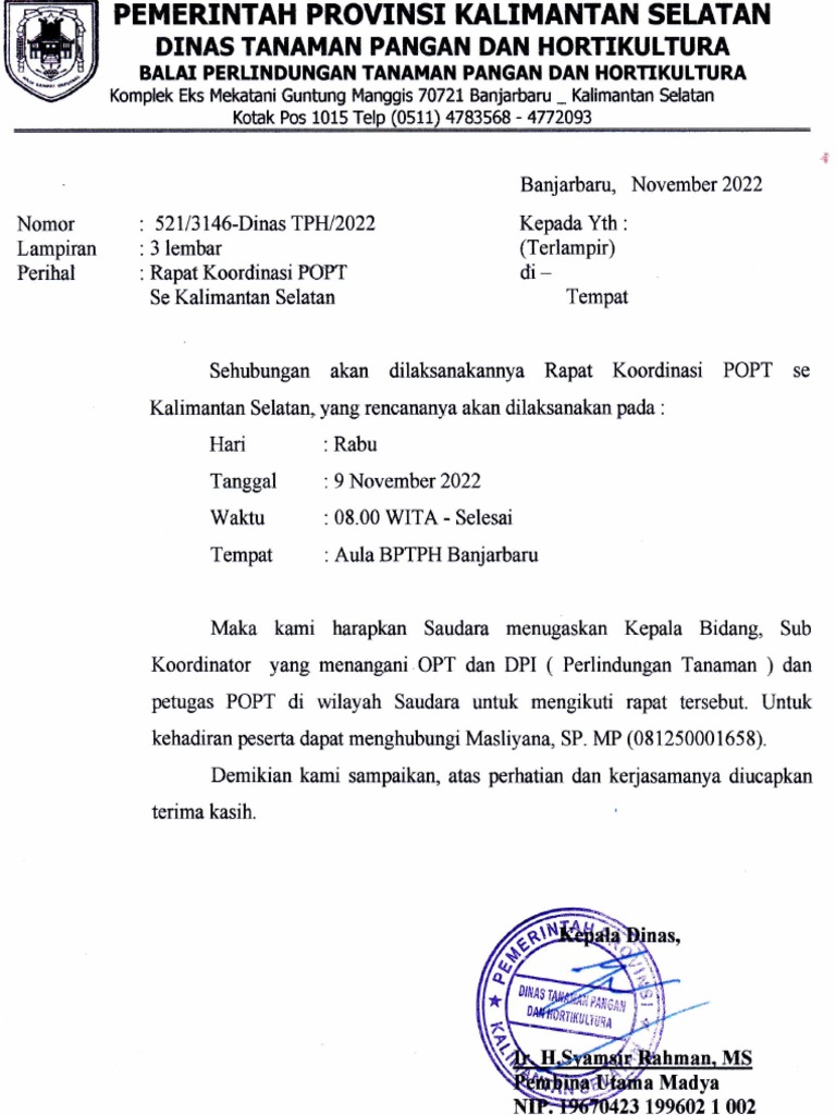 Undangan Rapat Koordinasi POPT 2022 | PDF