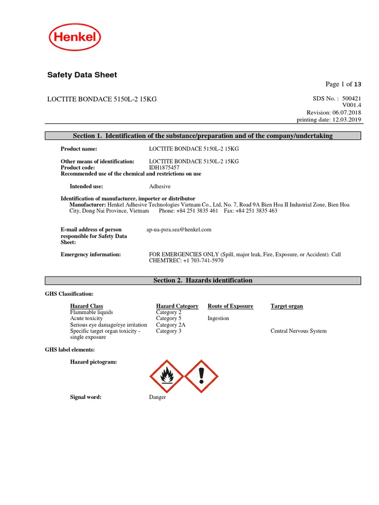Loctite Bondace 5150 Safety Data Sheet | PDF | Firefighting ...
