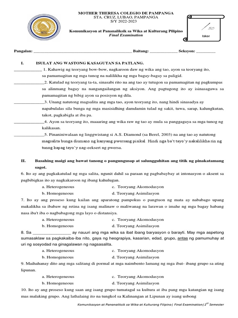 Kom - Pan G11 Final Examination | PDF