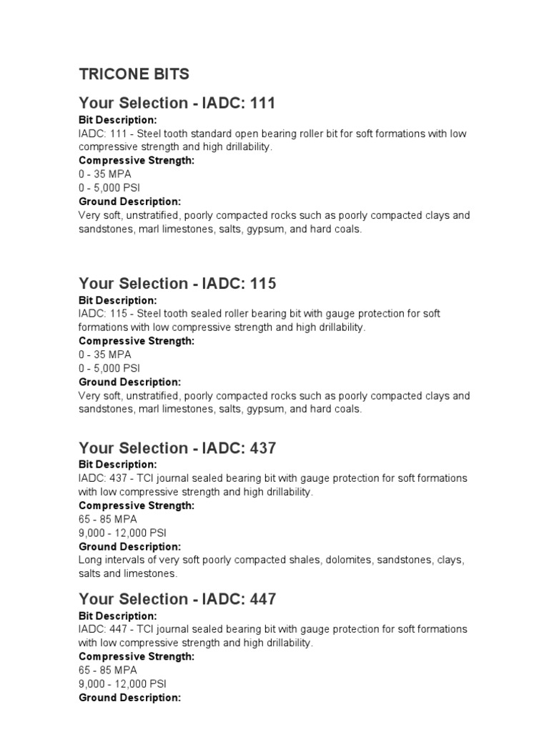 Tricone Bit Types and Sizes Overview | PDF | History
