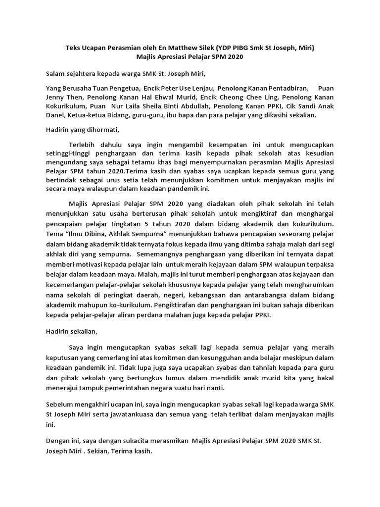 Teks Ucapan YDP PIBG Majlis Apresiasi Pelajar SPM 2020 | PDF