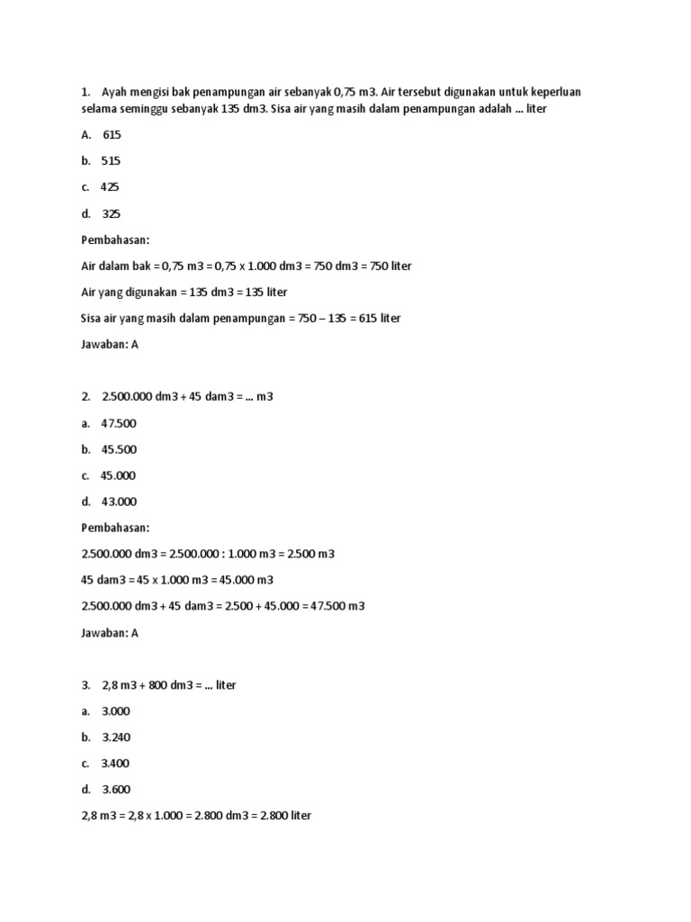 Contoh Soal Satuan Volume SD | PDF