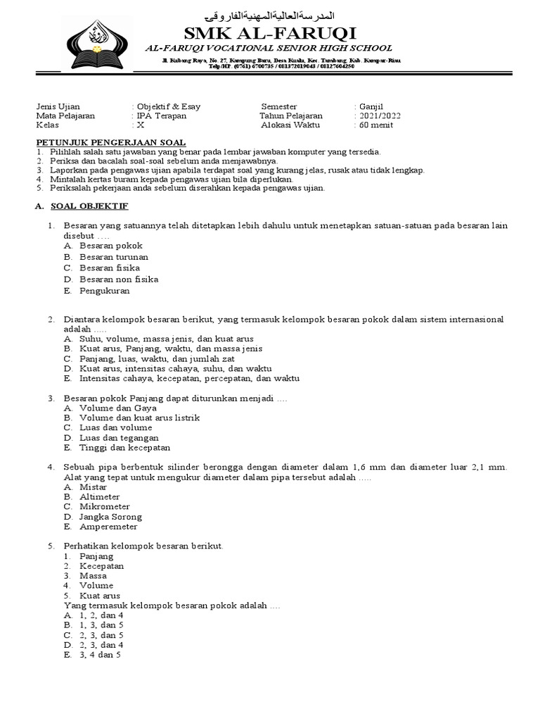 Soal US IPA Terapan Kelas X Semester Ganjil 2021-2022 Ok | PDF | Metode & Bahan Ajar