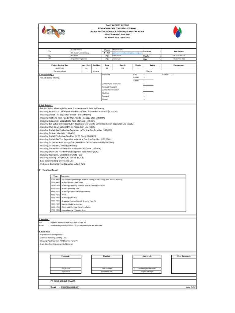 Daily Report 01 Sept 22 | PDF | Pipeline Transport | Chemical Engineering