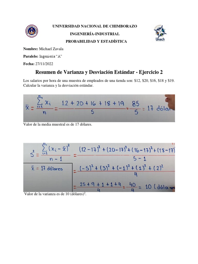 Zavala Michael Varianza y Desviación Estándar Ejercicio 2 | PDF