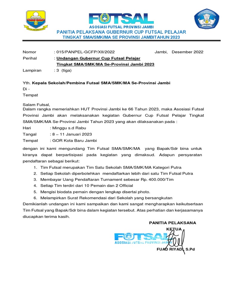 Undangan DanFormulir Peserta Gubernur Cup Futsal Pelajar 2023 | PDF
