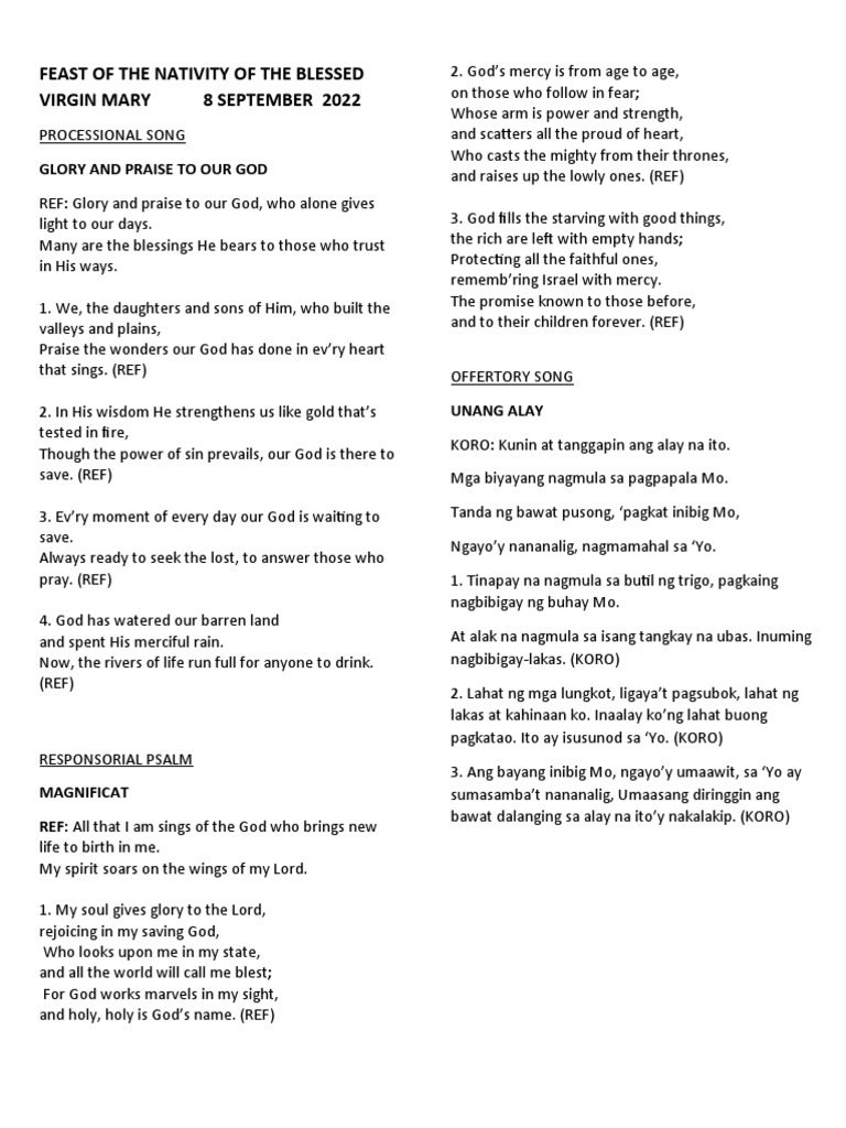 Songs For Feast of The Nativity of The BVM Mass - 8 Sept. 2022 | PDF ...