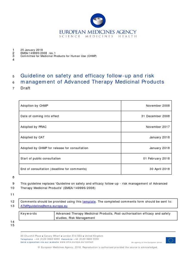 Draft Guideline Safety Efficacy Follow Risk Management Advanced Therapy ...