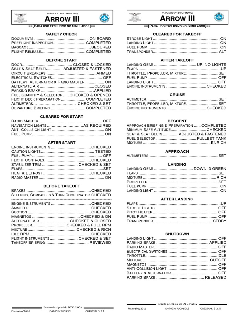 Aviation Arrow Checklist Guide | PDF | Instrument Flight Rules | Aviation