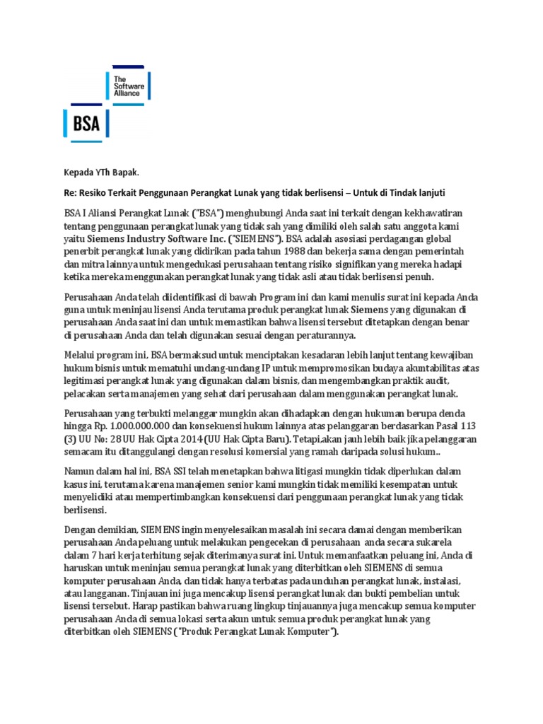 BSA Compliance Awareness Letter - Indonesia | PDF