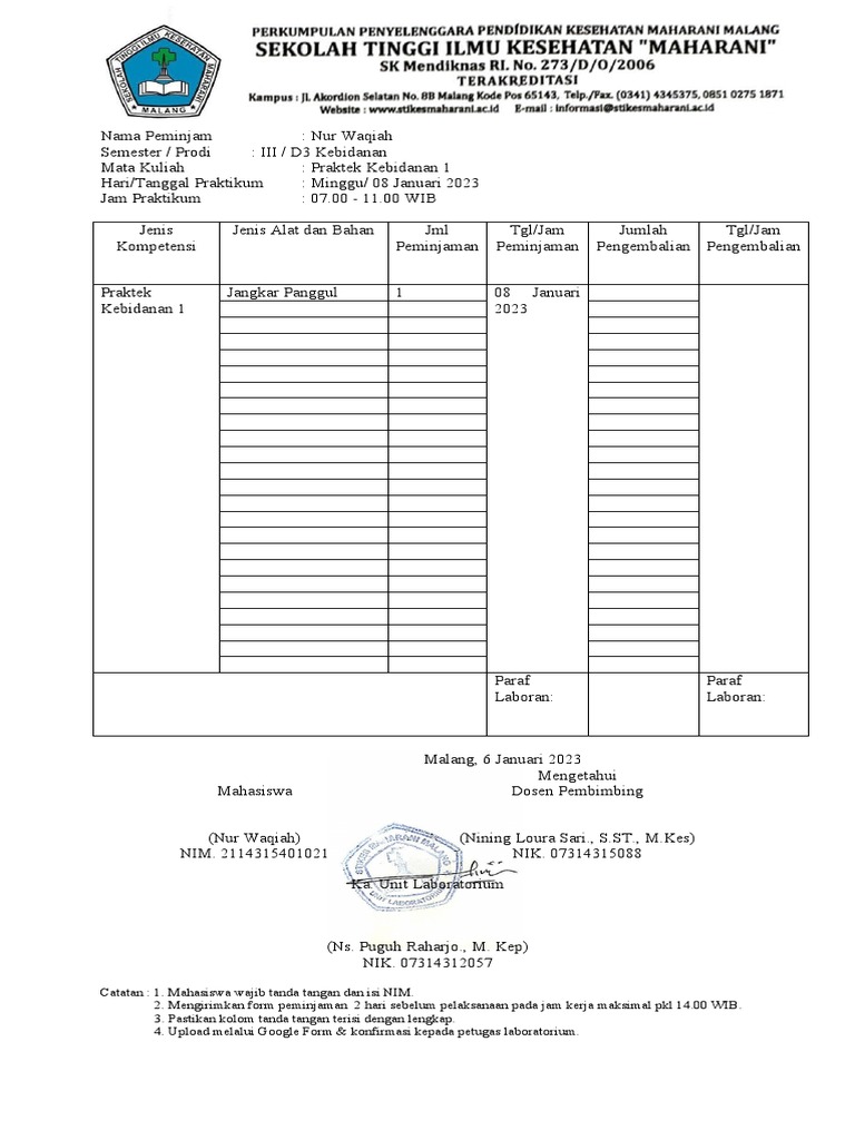 Form Peminjaman Alat Lab | PDF
