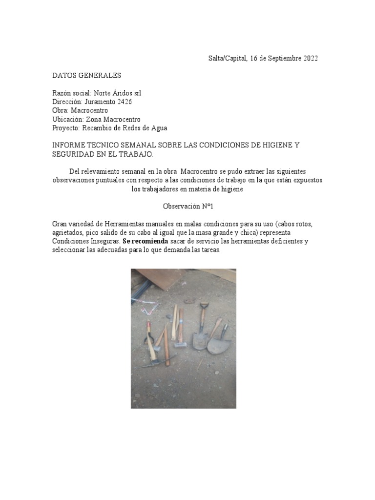 Informe técnico semanal sobre condiciones de higiene y seguridad en la obra de recambio de redes ...