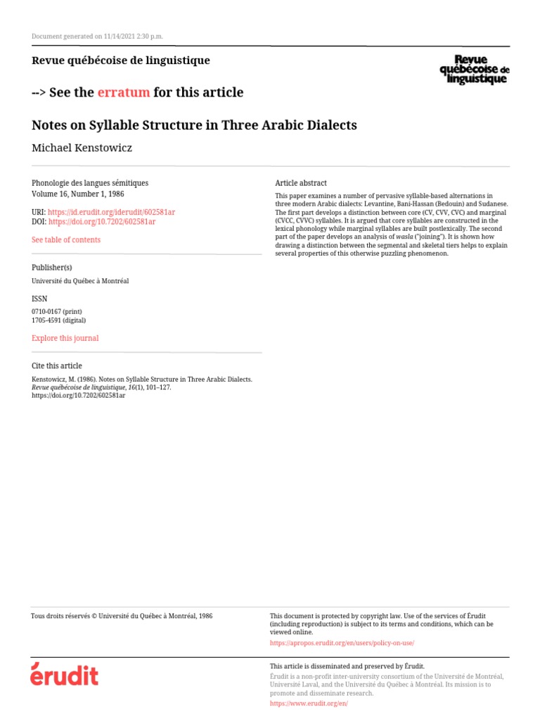 Notes On Syllable Structure in Three Arabic Dialects | PDF | Syllable ...