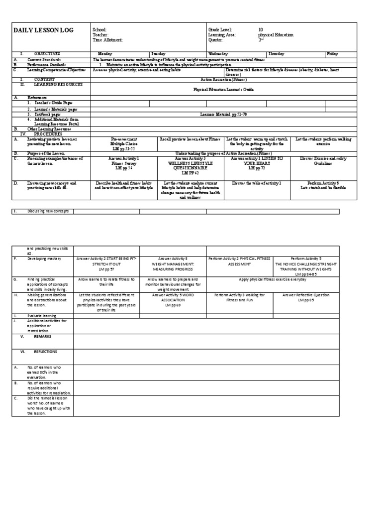 P.E 10 DLL 2qa | PDF | Learning | Physical Fitness