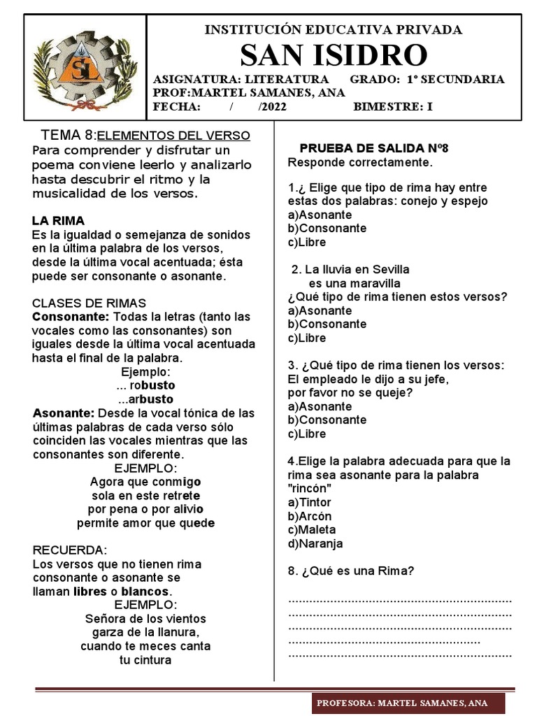 TEMA 8-Elementos Del Verso - 1RO | PDF | Rima | Fonética