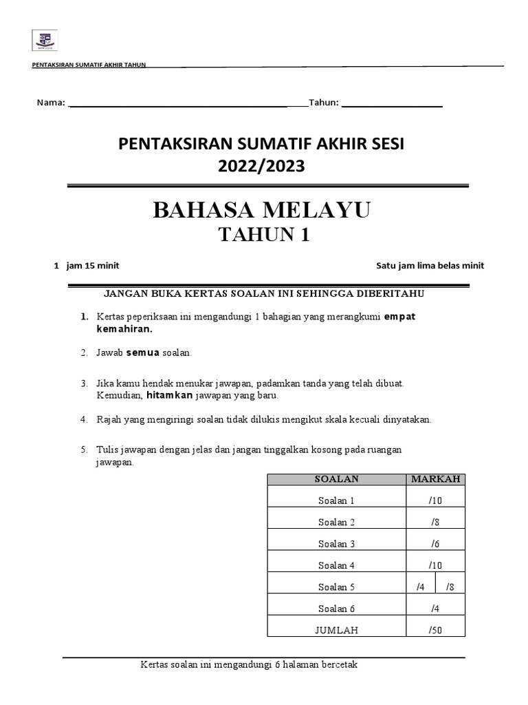 Muka Depan Sumatif BM THN 1 2022 | PDF