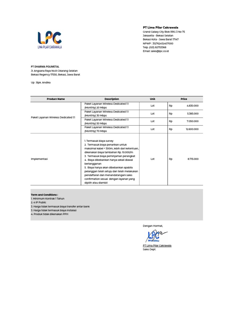 Paket Layanan Wireless Dedicated 1:1 | PDF