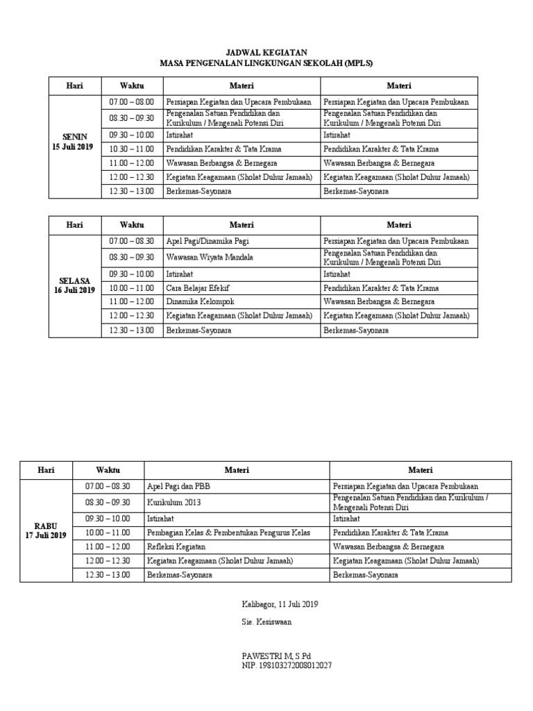Jadwal MPLS Siswa Baru | PDF
