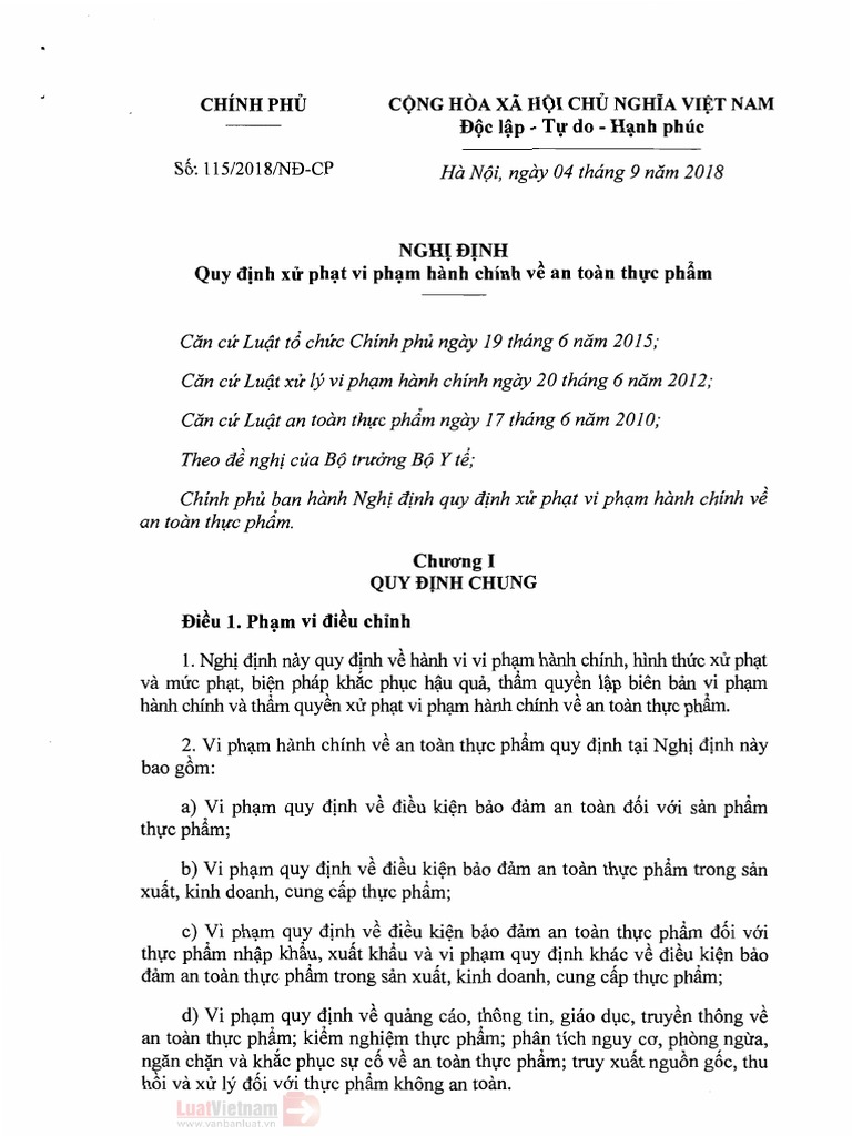 Nghi Dinh 115 2018 ND CP Ve Xu Phat VI Pham Hanh Chinh Ve An Toan Thuc Pham | PDF