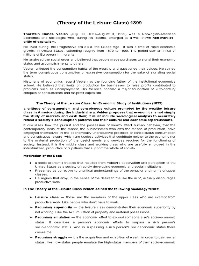 Notes - The Theory of The Leisure Class (Thorstein Veblen) | PDF | The ...