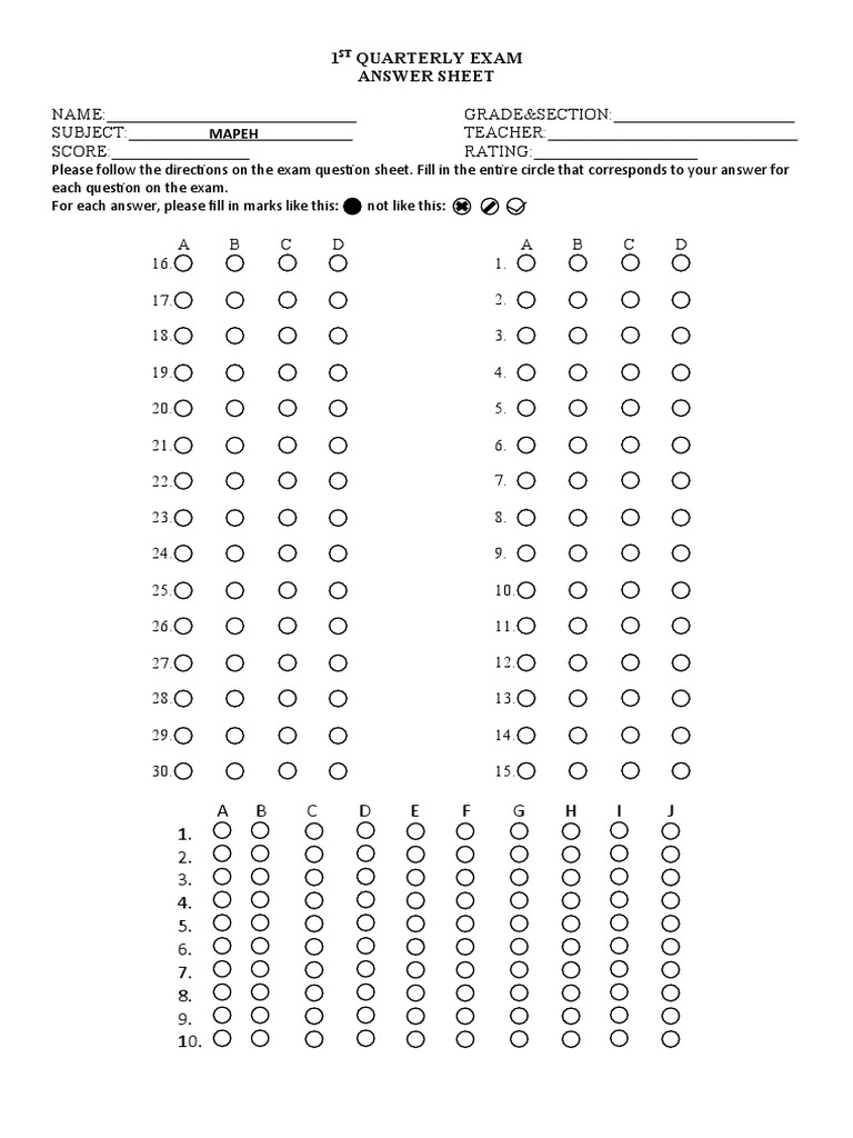 1st Quarterly Exam Answer Sheet Mapeh | PDF | Test (Assessment ...