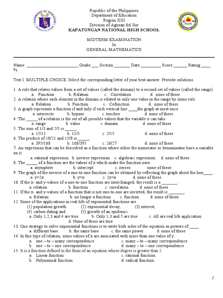 Gen Math Midterm EXAM | Download Free PDF | Function (Mathematics ...