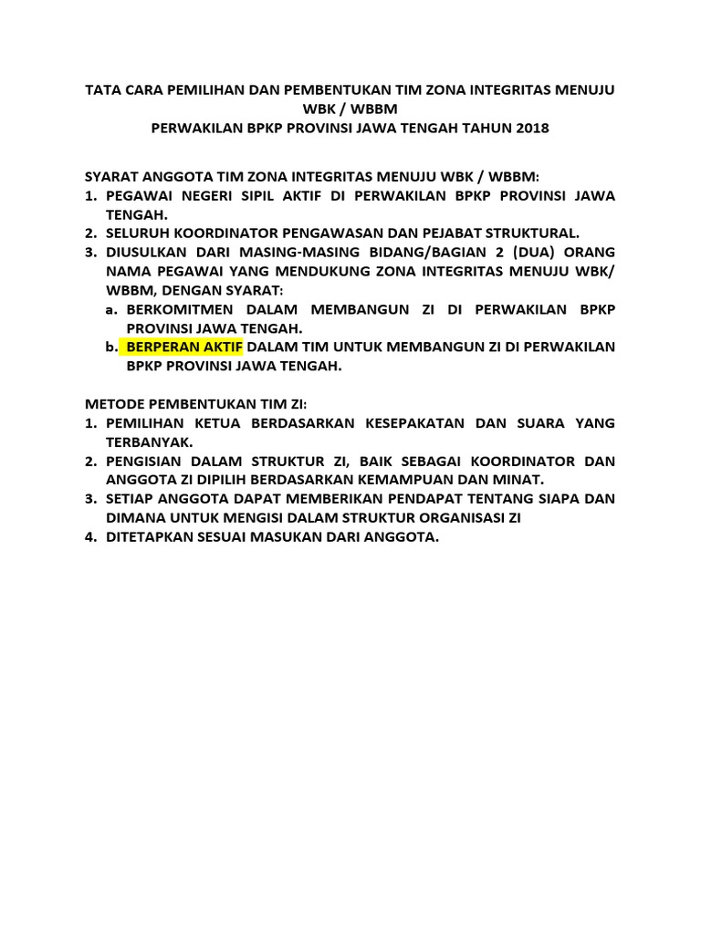 Tata Cara Pemilihan Dan Pembentukan Tim Zona Integritas | PDF