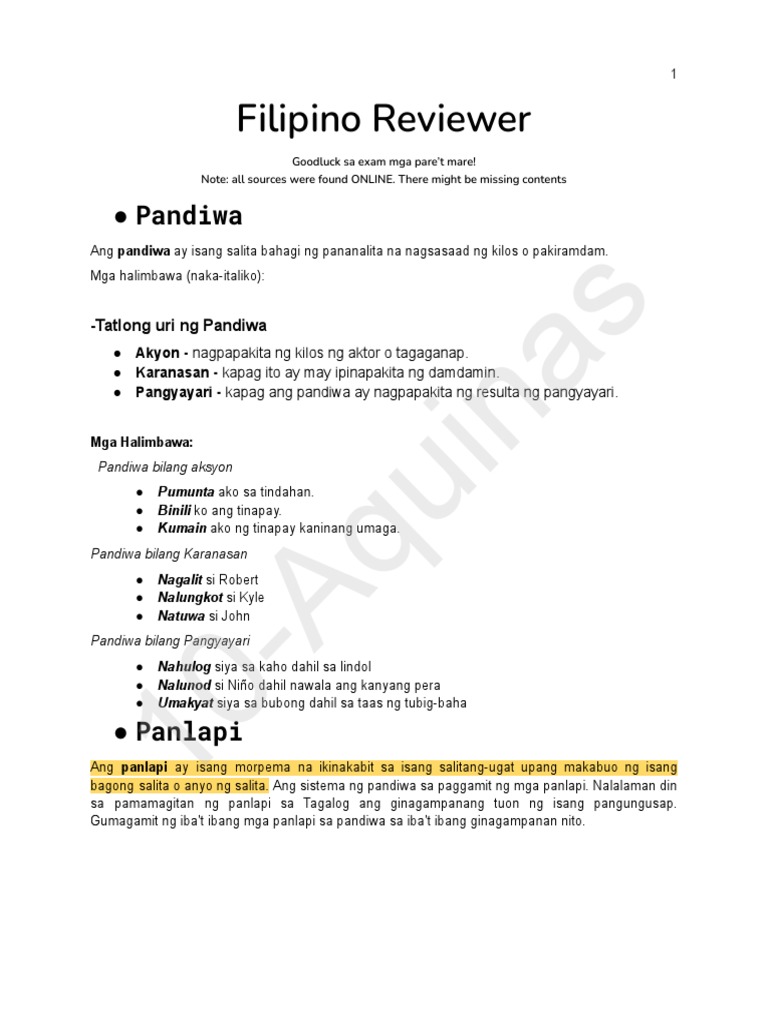 Filipino Reviewer - 1st Q Highlighted | PDF