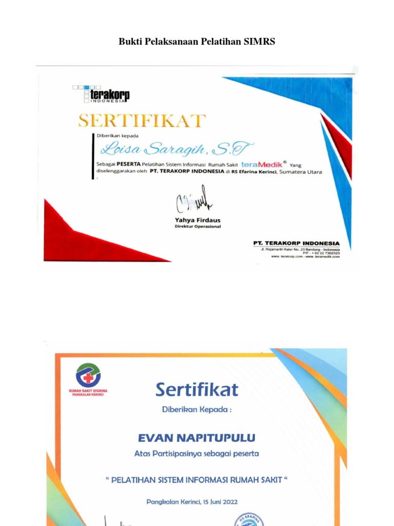 Bukti Pelaksanaan Pelatihan SIMRS | PDF