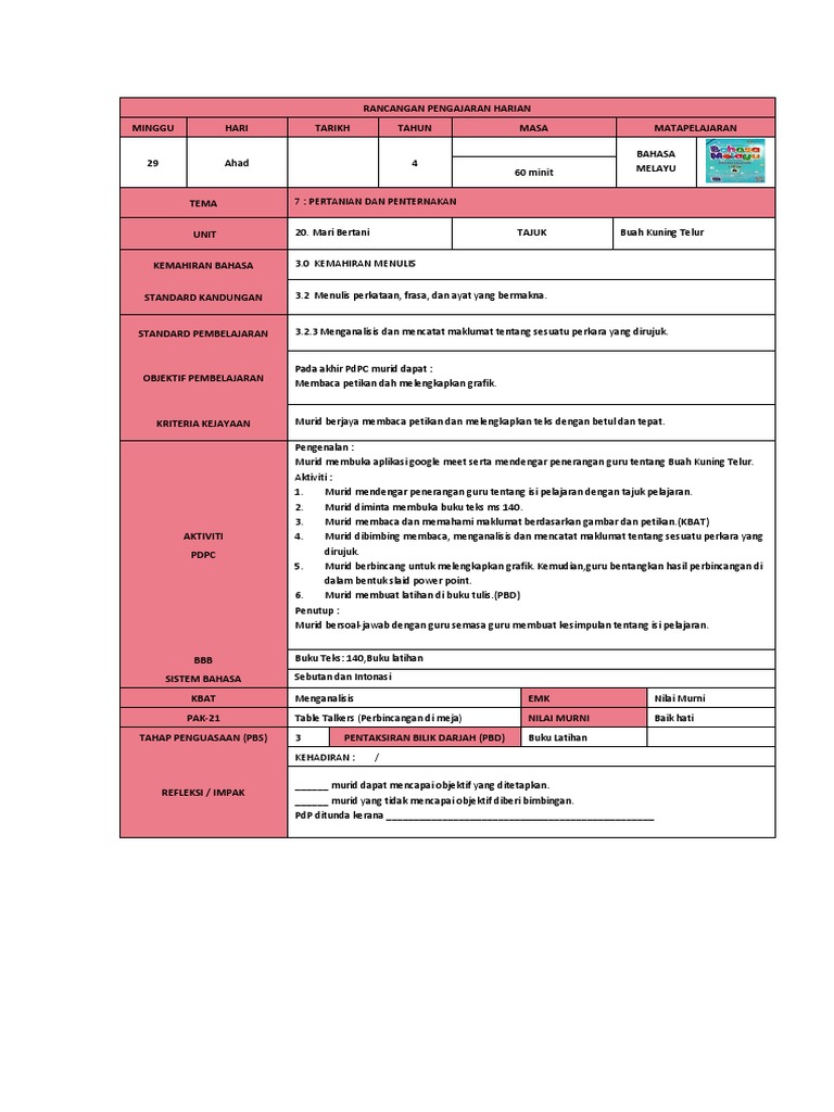 Rancangan Pengajaran Harian Contoh t4 | PDF