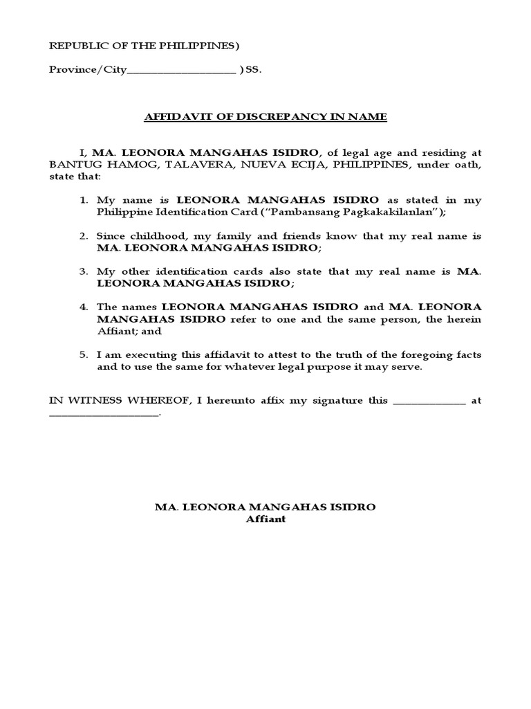 Affidavit of Name Discrepancy Philippines | PDF | Politics