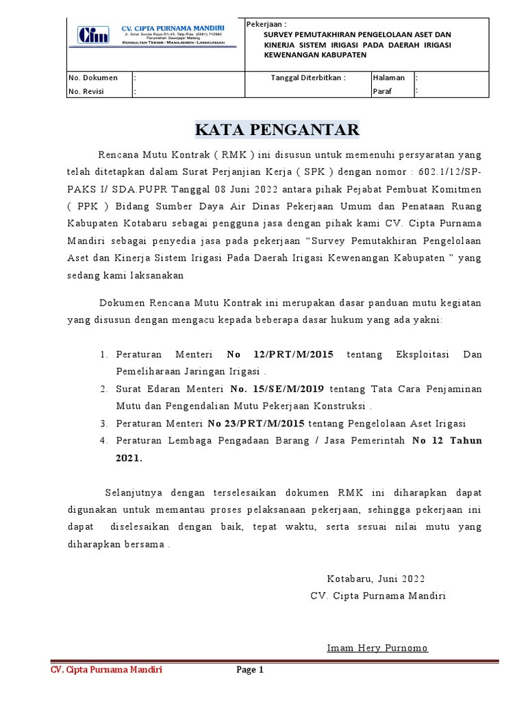 RMK Rencana Mutu Kontrak - Awal 8 | PDF