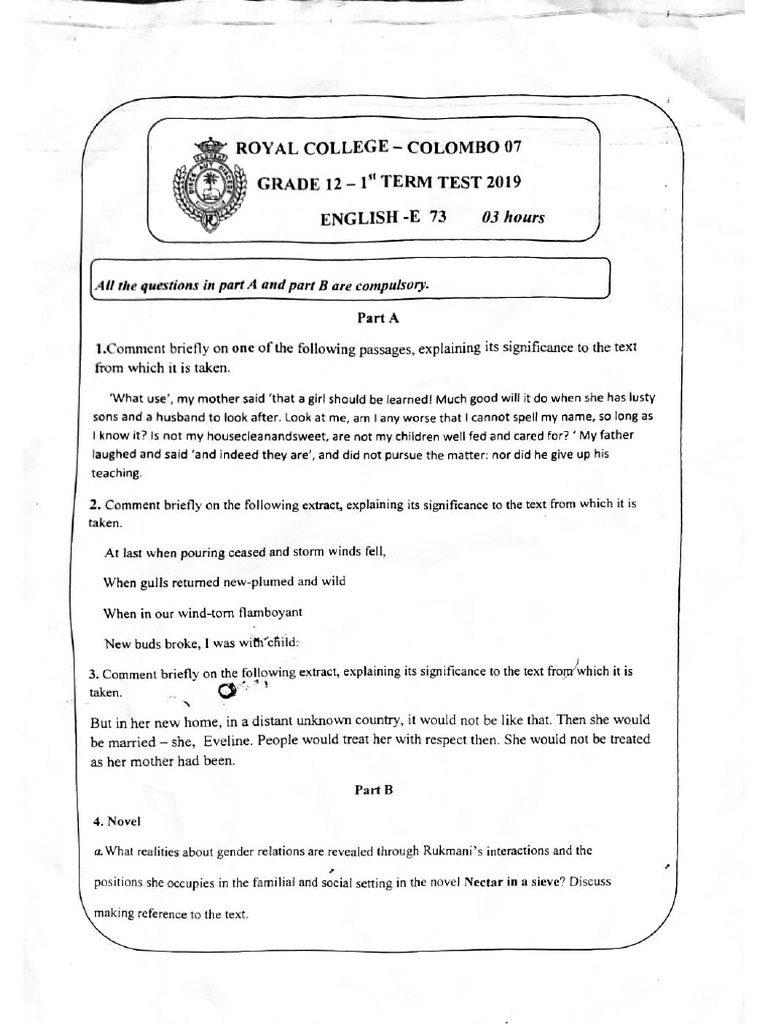 AL English Literature - 1st 2nd Term Tests 2019 - Royal College Colombo ...