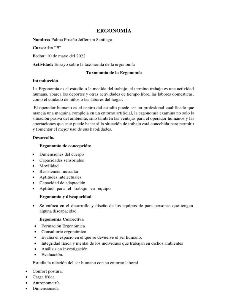 Palma Proaño Jefferson Santiago - Ensayo Taxonomía de La Ergonomia Taller 1 | PDF | Factores ...
