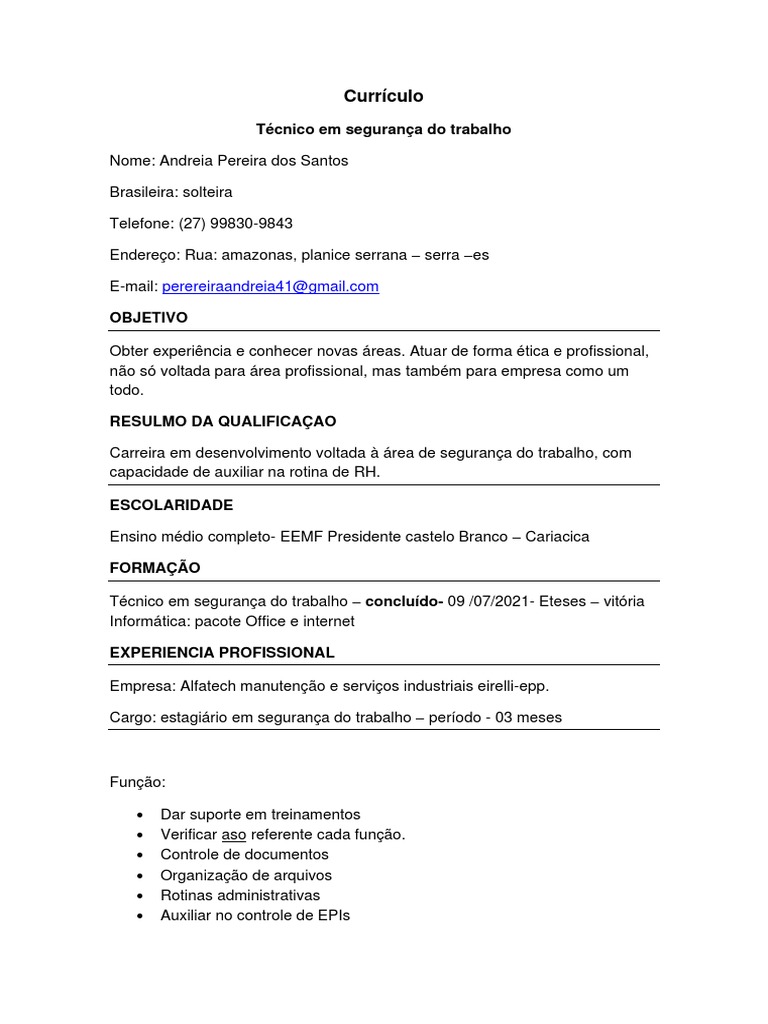 Currículo Andreia | PDF