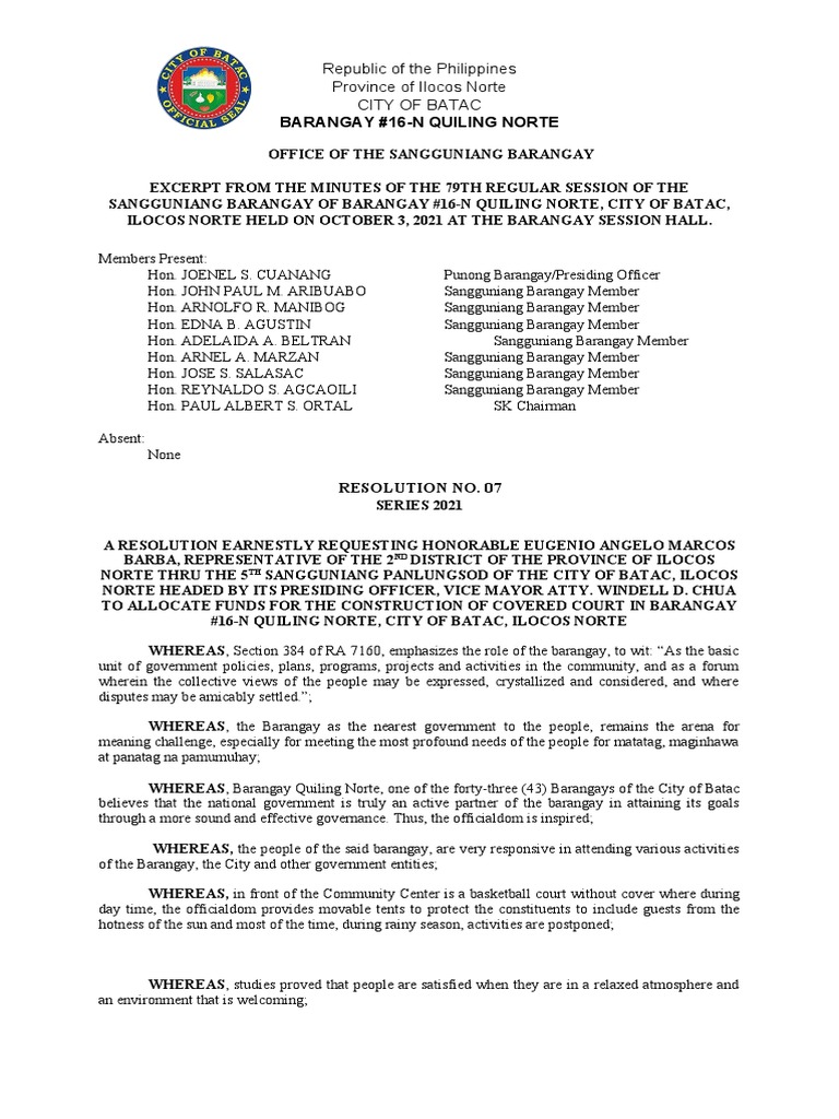 2021 Barangay Resolution No. 7 - A RESOLUTION FOR COVERED COURT | PDF | Government