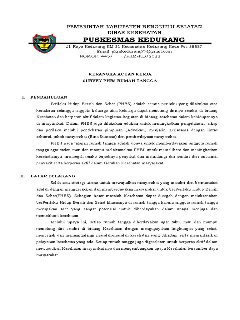 3.kak Survey PHBS Rumah Tangga | PDF | Kesehatan Holistik