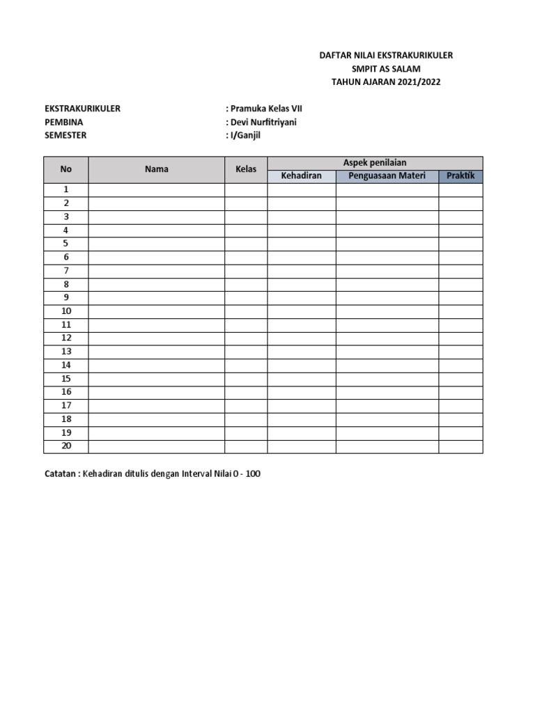 Lembar Penilaian Ekstrakurikuler Semester Ganjil | PDF