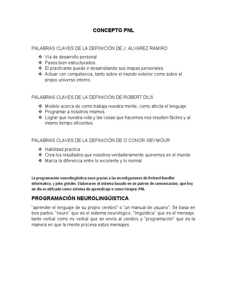 Concepto PNL | PDF | Programación neurolingüistica | Aprendizaje Concepto PNL | PDF | Programación neurolingüistica | Aprendizaje