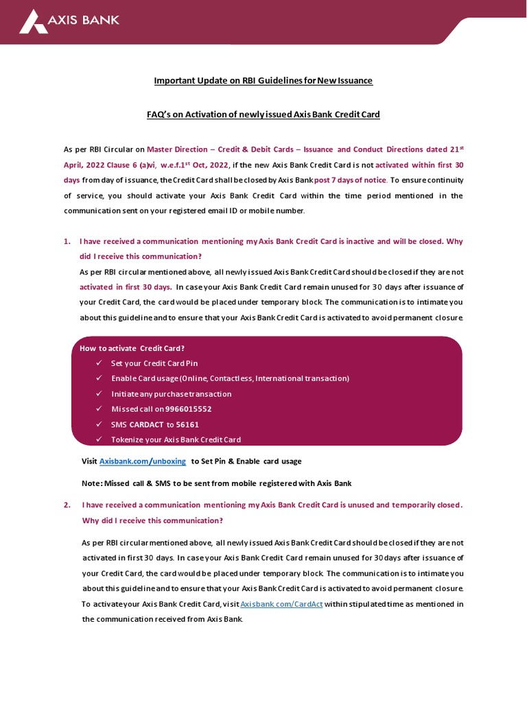 Faqs On Closure of Newly Issued Axis Bank Credit Card Due To Non Usage ...