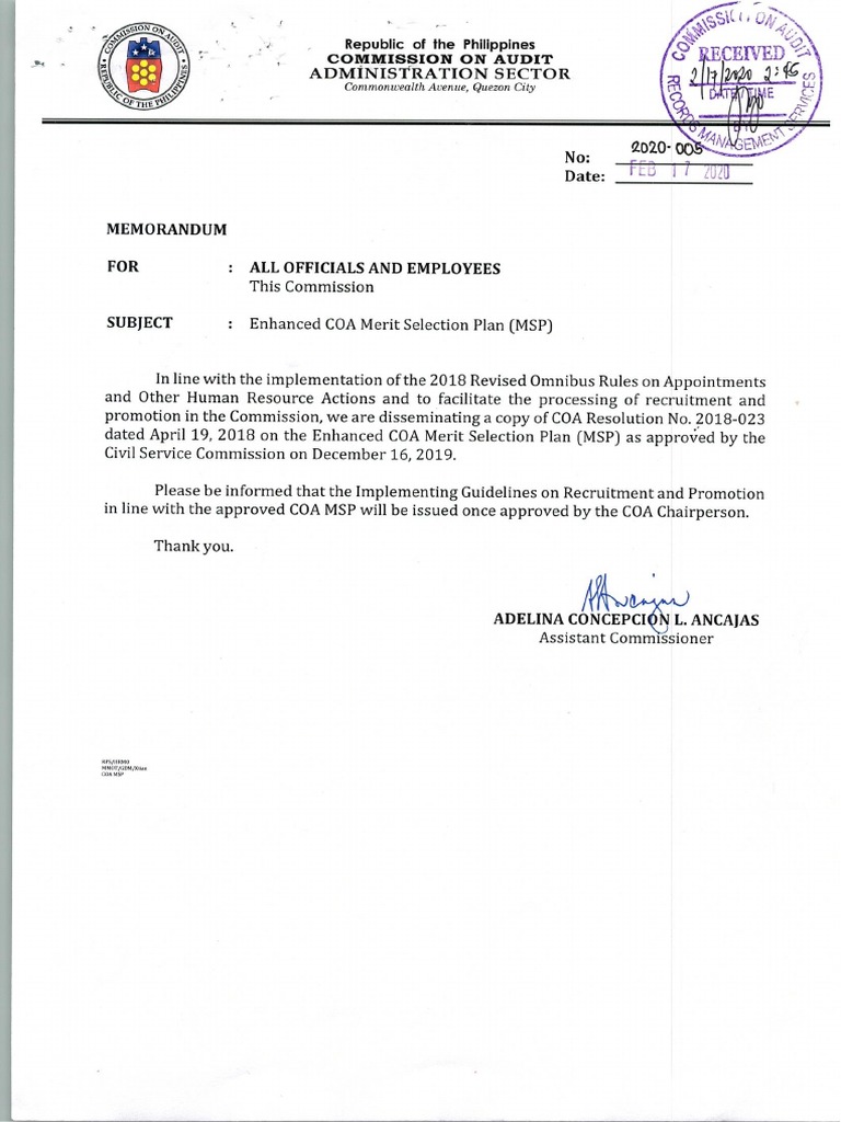 Admin Memo No. 2020-005 - Enhanced COA MSP | PDF
