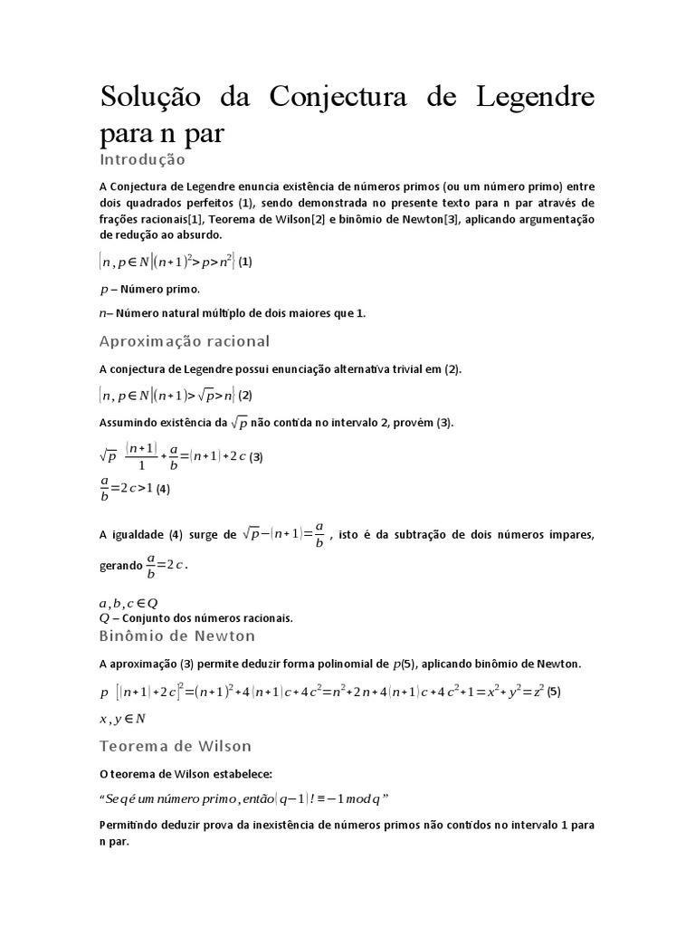 Solução Da Conjectura de Legendre para N Par | PDF | Número primo ...