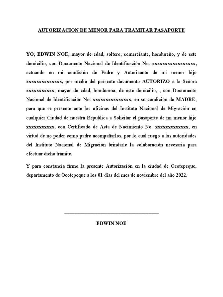 Autorizacion de Menor para Tramitar Pasaporte | PDF