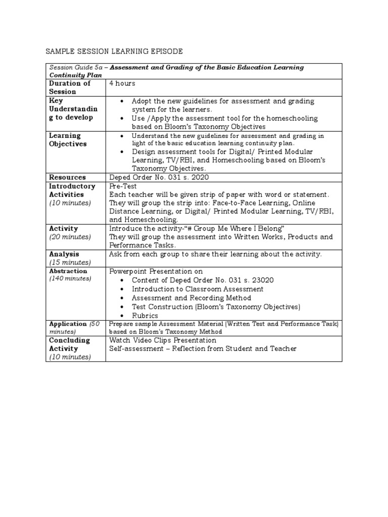 Sample Session Learning Episode | PDF