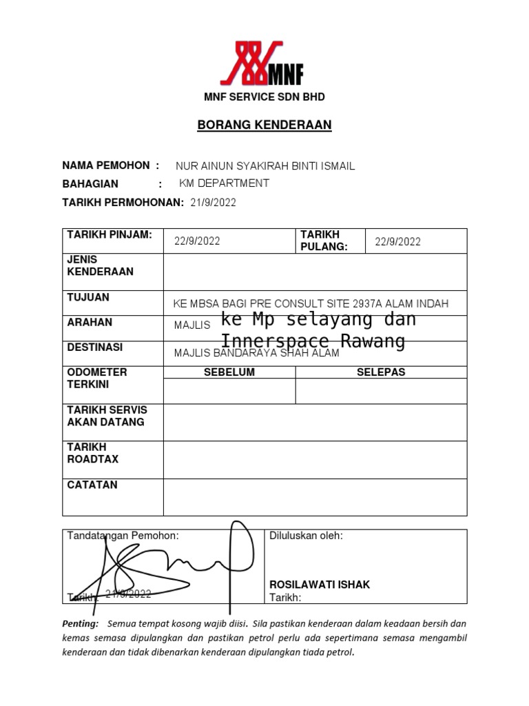 Borang Kenderaan | PDF