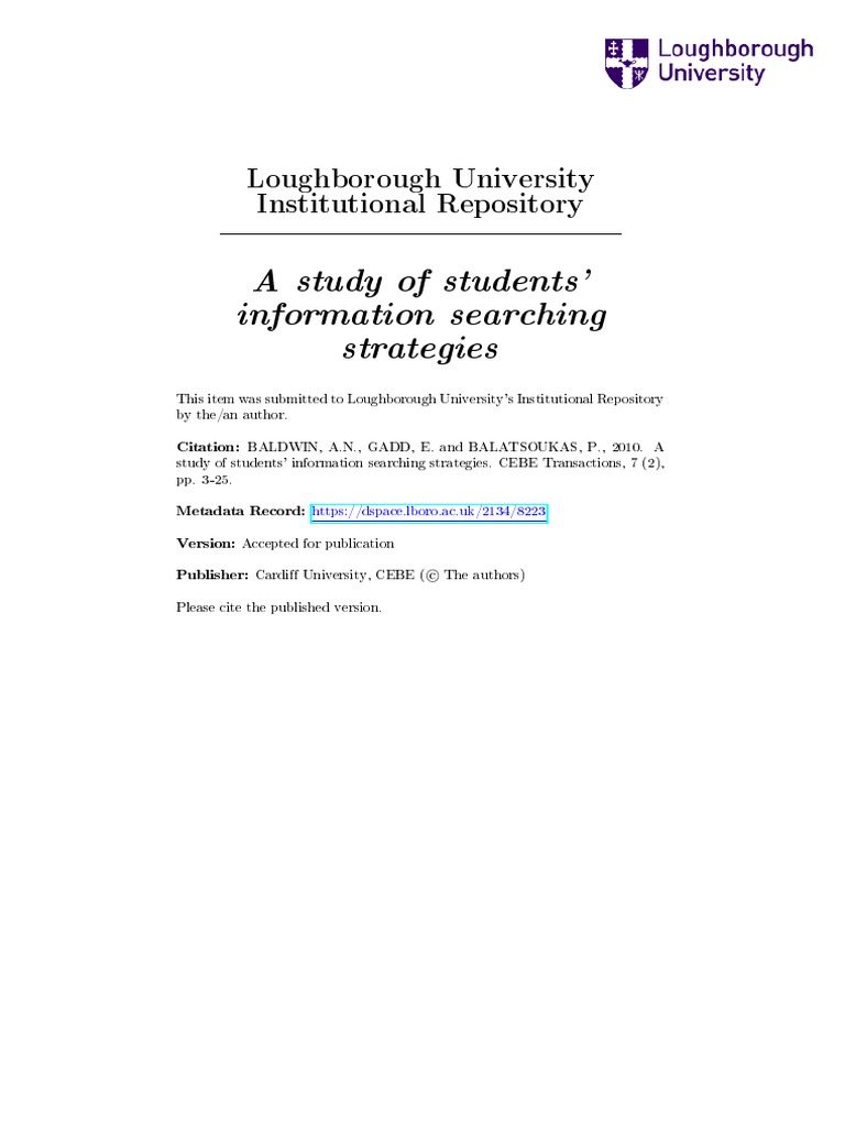 A Study of Students' Information Searching Strategies: Loughborough ...