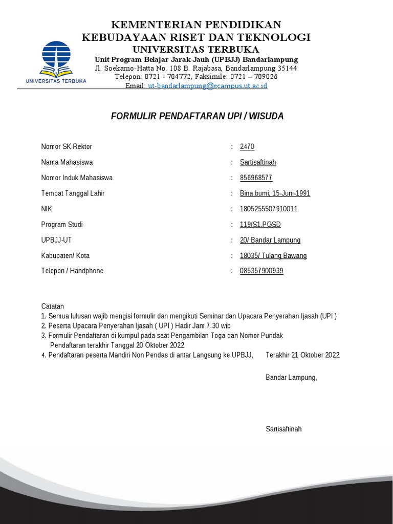 Formulir Pendaftaran Upi | PDF