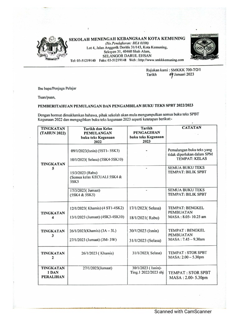 Surat Makluman Pemulangan & Pengambilan Buku Teks SPBT 2023 | PDF